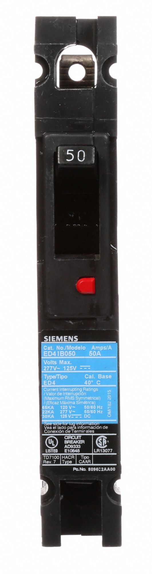 SIEMENS Molded Case Circuit Breaker: 50 A Amps, 22kA at 277V AC, Fixed, Load Side Lug, Any ...