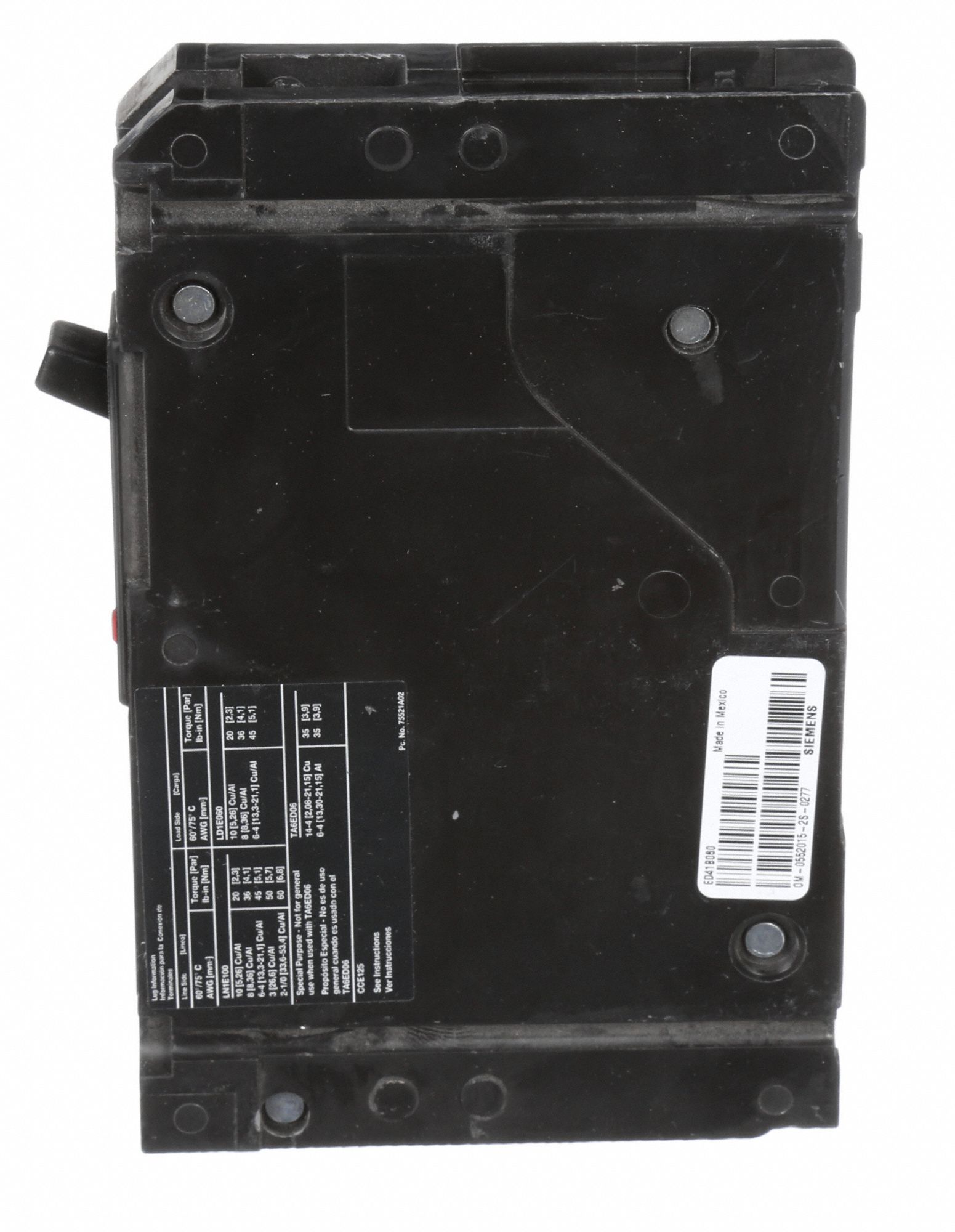SIEMENS Molded Case Circuit Breaker: 60 A Amps, 22kA at 277V AC, Fixed, Load Side Lug, Any ...