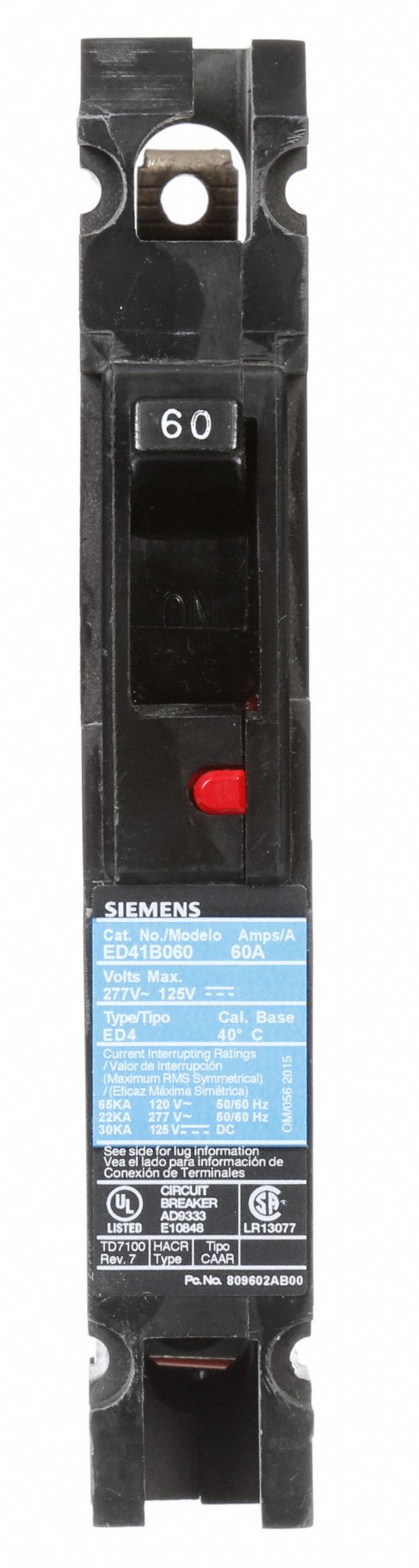 SIEMENS Molded Case Circuit Breaker: 60 A Amps, 22kA at 277V AC, Fixed, Load Side Lug, Any ...
