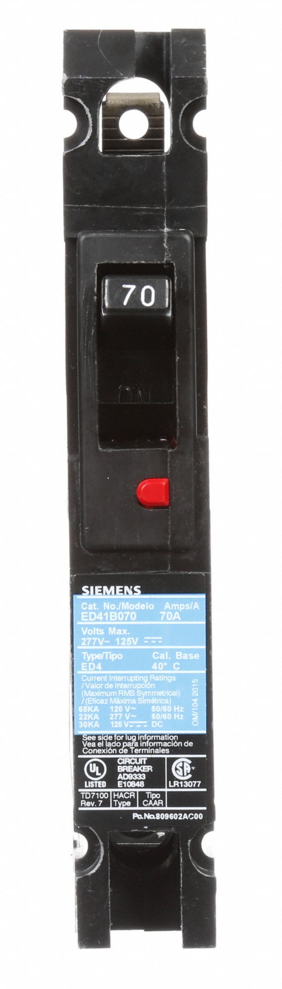 SIEMENS Molded Case Circuit Breaker: 70 A Amps, 22kA at 277V AC, Fixed, Load Side Lug, Any ...