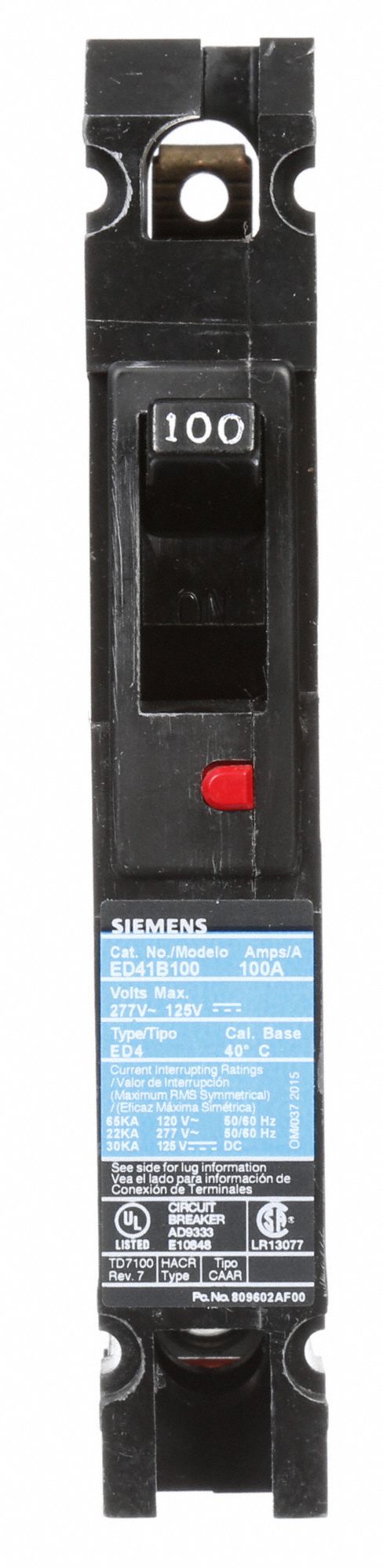 SIEMENS Molded Case Circuit Breaker: 100 A Amps, 22kA at 277V AC, Fixed, Load Side Lug, Any ...