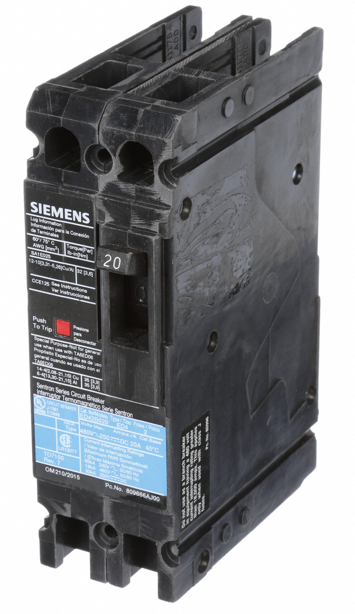 SIEMENS Molded Case Circuit Breaker: 20 A Amps, 18kA at 480V AC, Fixed, Load Side Lug, Any ...