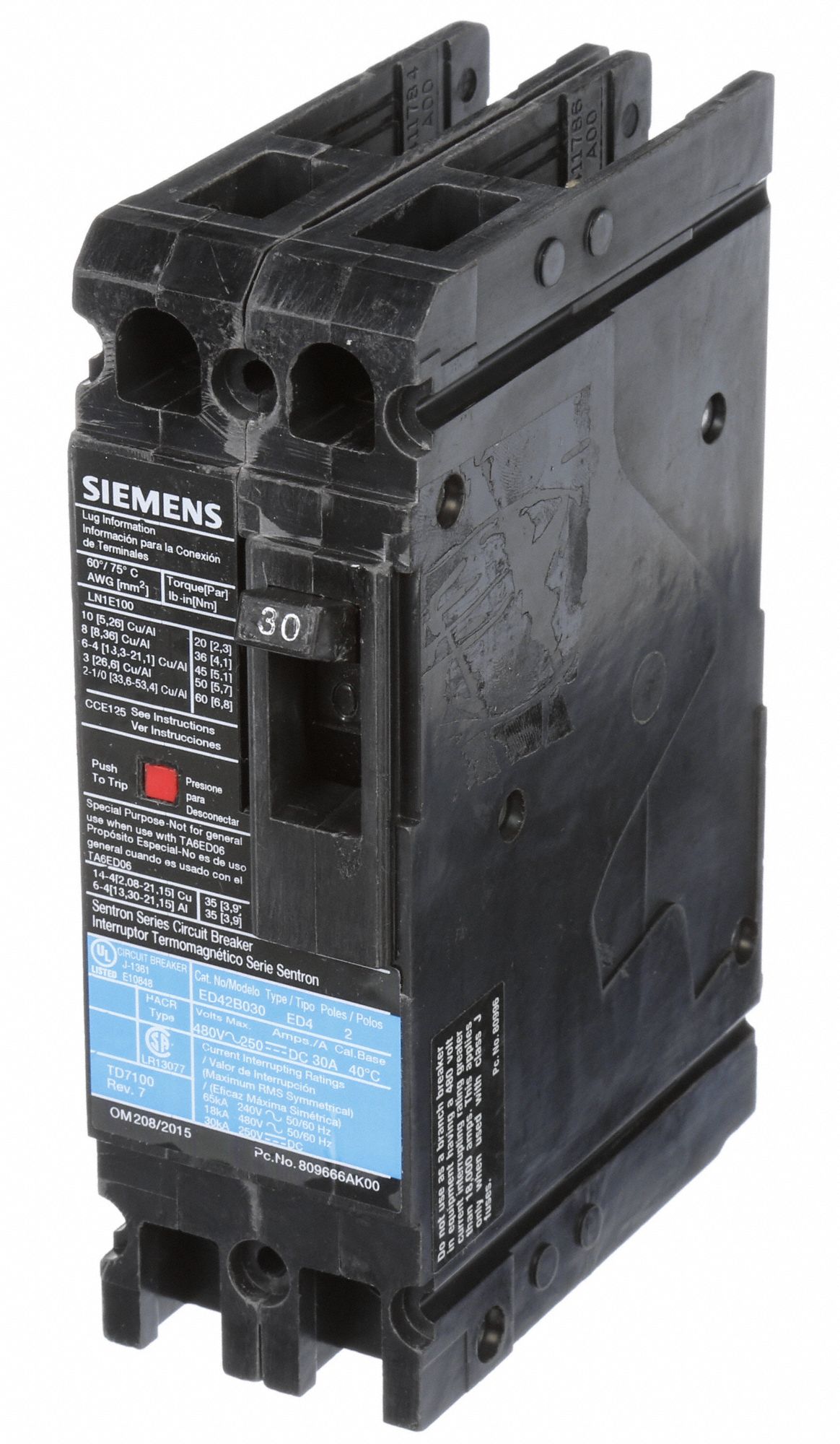 SIEMENS Molded Case Circuit Breaker: 30 A Amps, 18kA at 480V AC, Fixed, Load Side Lug, Any ...