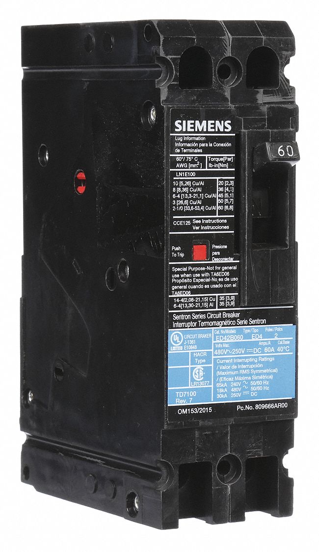 SIEMENS, 60 A Amps, 18kA at 480V AC, Molded Case Circuit Breaker - 3CMJ1|ED42B060 - Grainger