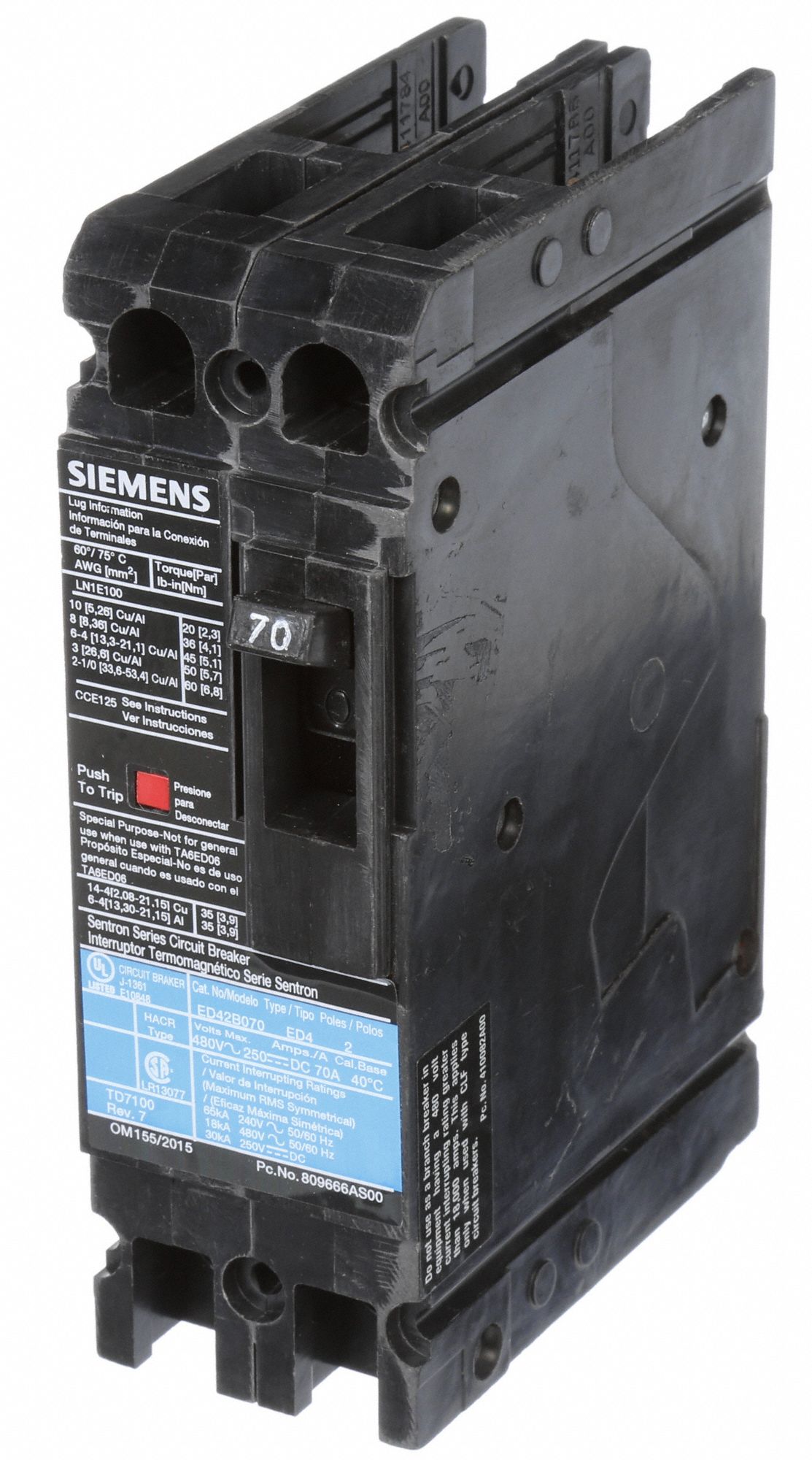 SIEMENS Molded Case Circuit Breaker: 70 A Amps, 18kA at 480V AC, Fixed, Load Side Lug, Any ...
