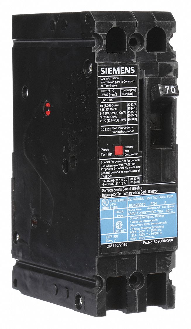 SIEMENS, 70 A Amps, 18kA at 480V AC, Molded Case Circuit Breaker - 3CMJ2|ED42B070 - Grainger