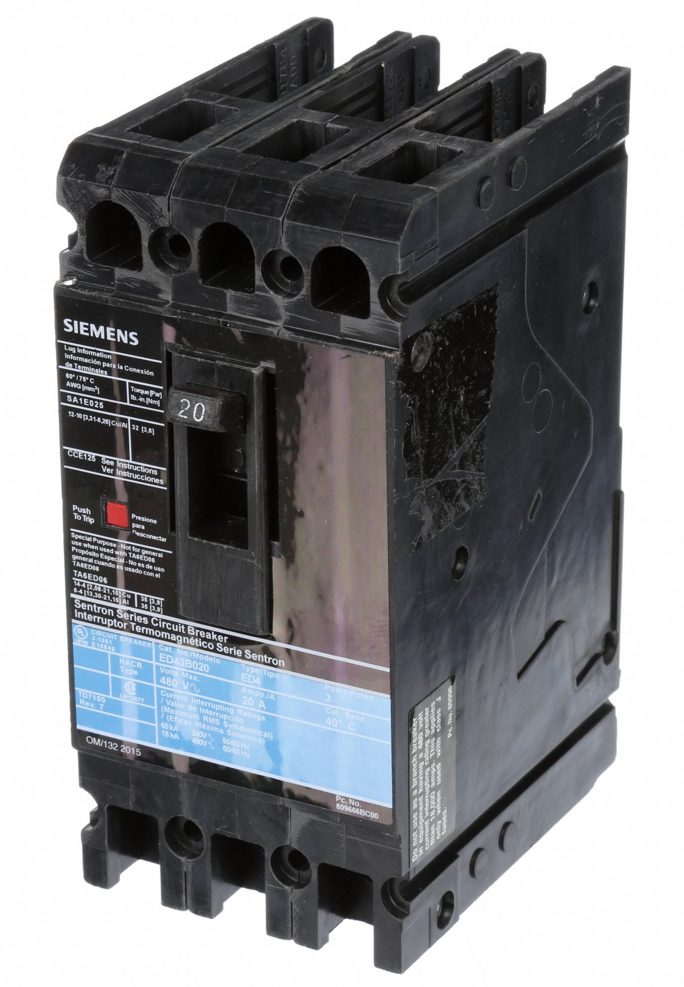 SIEMENS Molded Case Circuit Breaker: 20 A Amps, 18kA at 480V AC, Fixed, Load Side Lug, ABC ...
