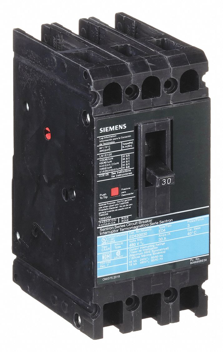 SIEMENS, 30 A Amps, 18kA at 480V AC, Molded Case Circuit Breaker - 3CMJ8|ED43B030 - Grainger