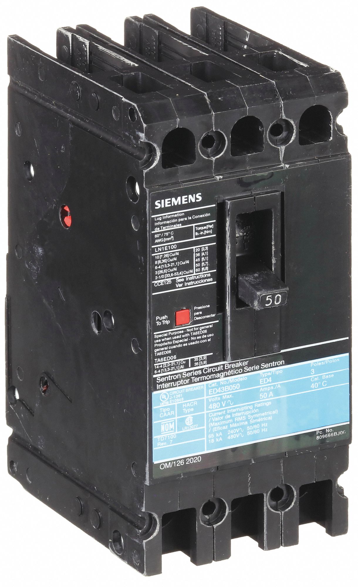 SIEMENS, 50 A Amps, 18kA at 480V AC, Molded Case Circuit Breaker ...