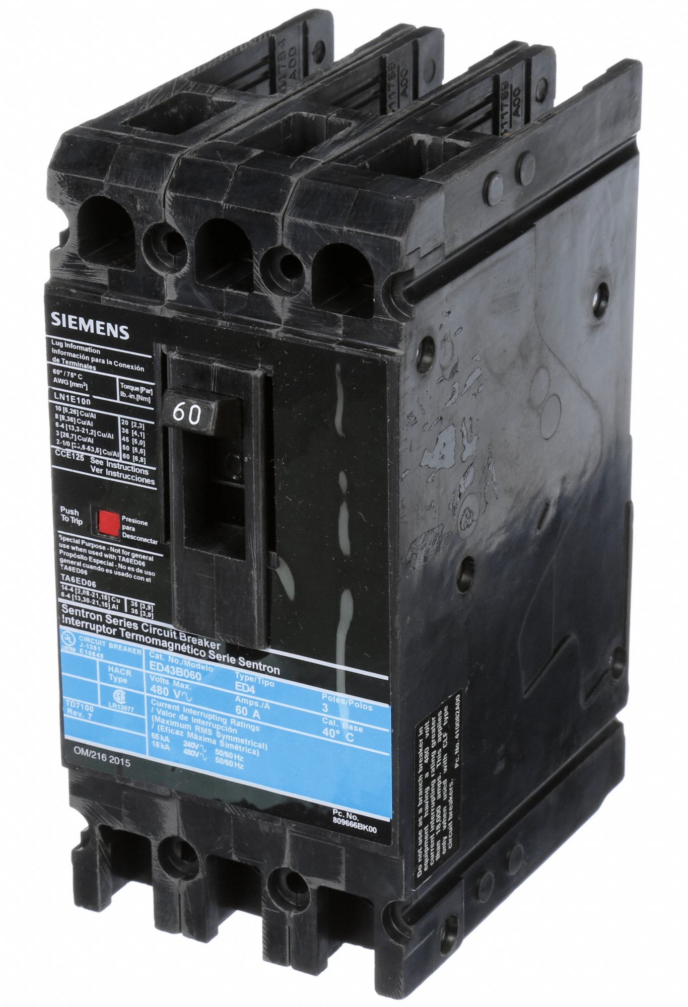 SIEMENS Molded Case Circuit Breaker: 60 A Amps, 18kA at 480V AC, Fixed, Load Side Lug, ABC ...