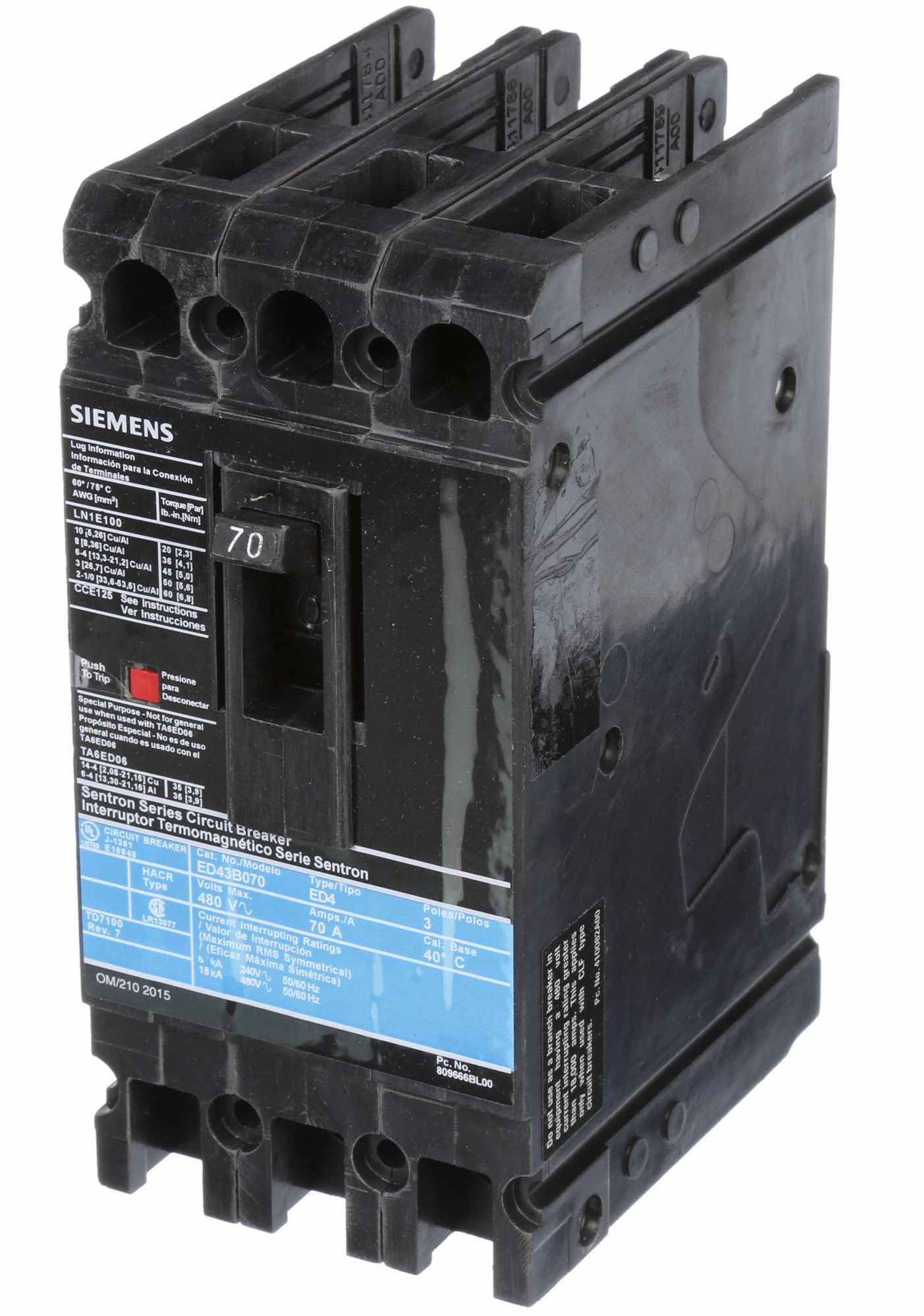 SIEMENS Molded Case Circuit Breaker: 70 A Amps, 18kA at 480V AC, Fixed, Load Side Lug, ABC ...