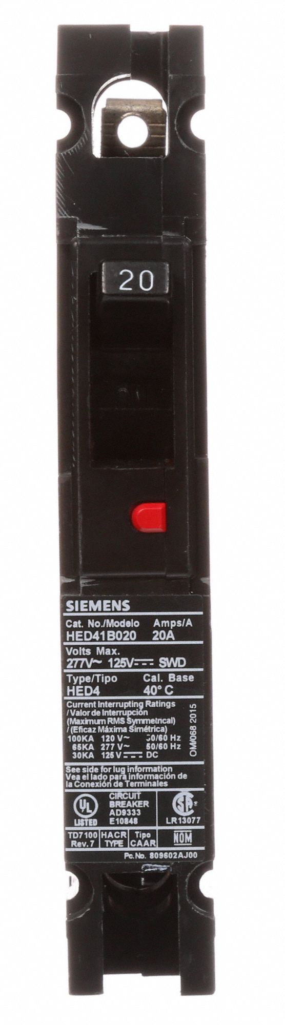 SIEMENS Molded Case Circuit Breaker: 20 A Amps, 65kA at 277V AC, Fixed, Load Side Lug, Any ...