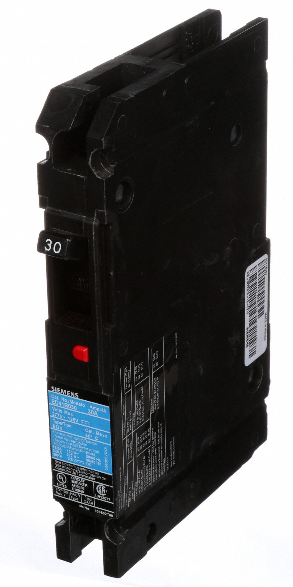 SIEMENS Molded Case Circuit Breaker: 30 A Amps, 65kA at 277V AC, Fixed, Load Side Lug, Any ...