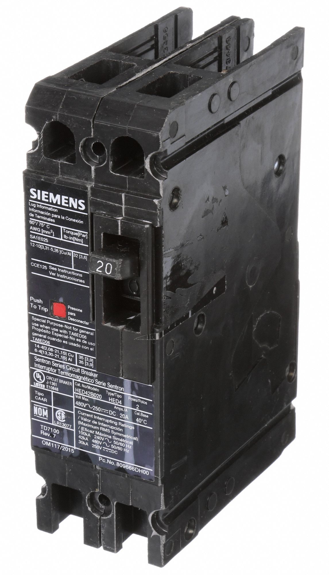SIEMENS Molded Case Circuit Breaker: 20 A Amps, 42kA at 480V AC, Fixed, Load Side Lug, Any ...