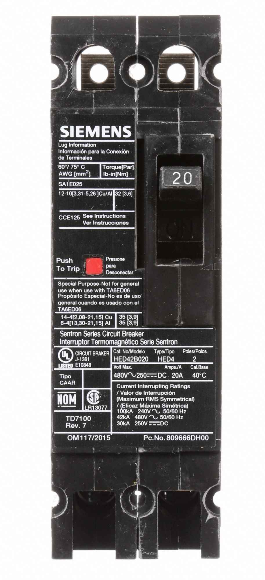 SIEMENS Molded Case Circuit Breaker: 20 A Amps, 42kA at 480V AC, Fixed, Load Side Lug, Any ...