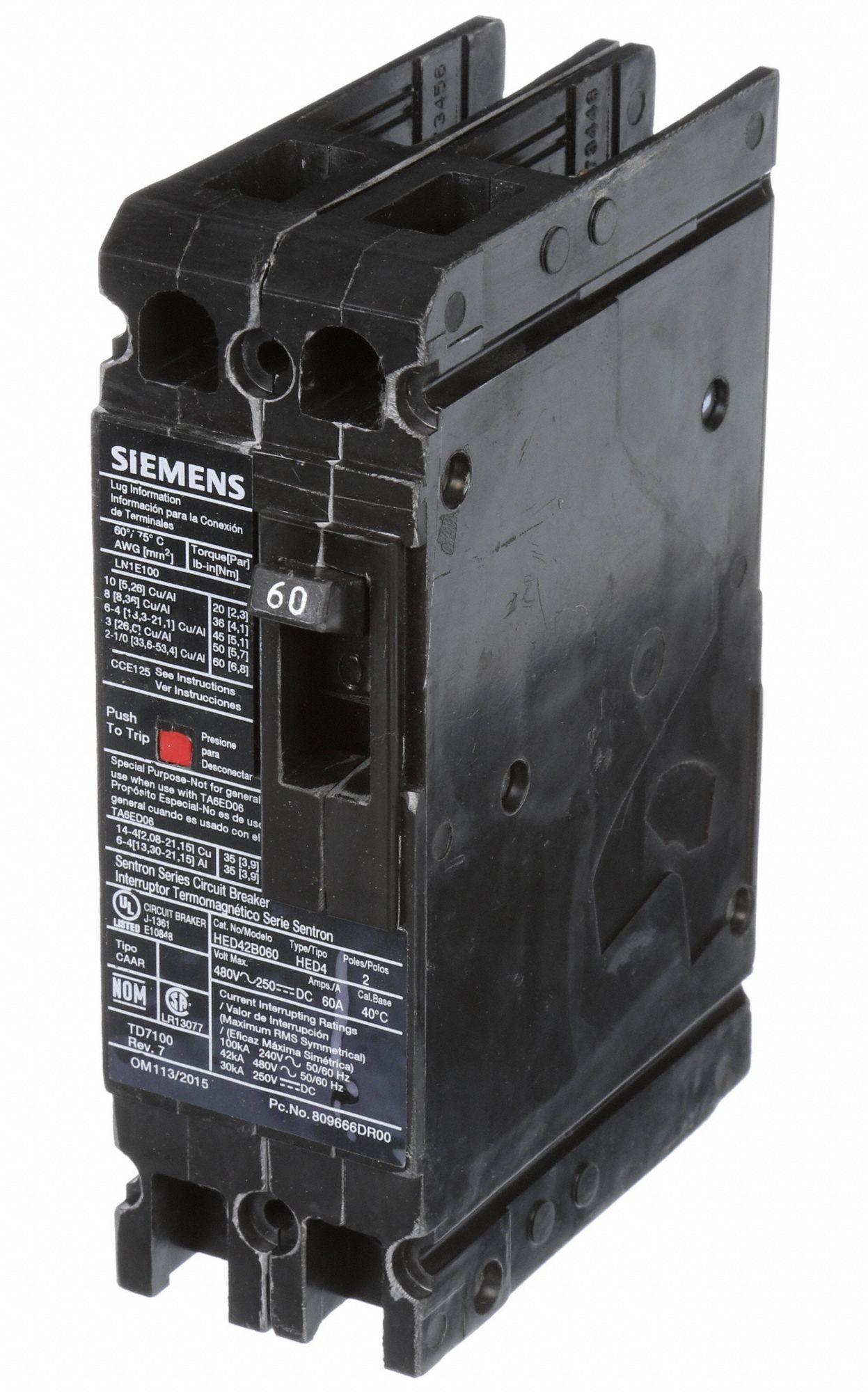 SIEMENS Molded Case Circuit Breaker: 60 A Amps, 42kA at 480V AC, Fixed, Load Side Lug, Any ...