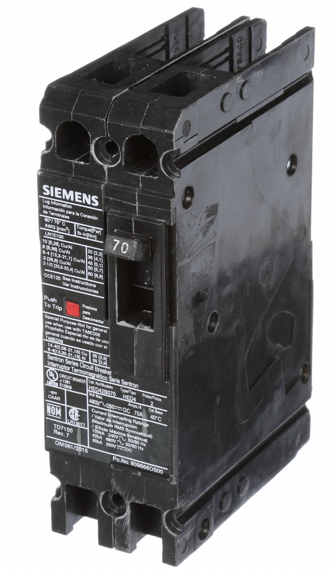 SIEMENS Molded Case Circuit Breaker: 70 A Amps, 42kA at 480V AC, Fixed, Load Side Lug, Any ...