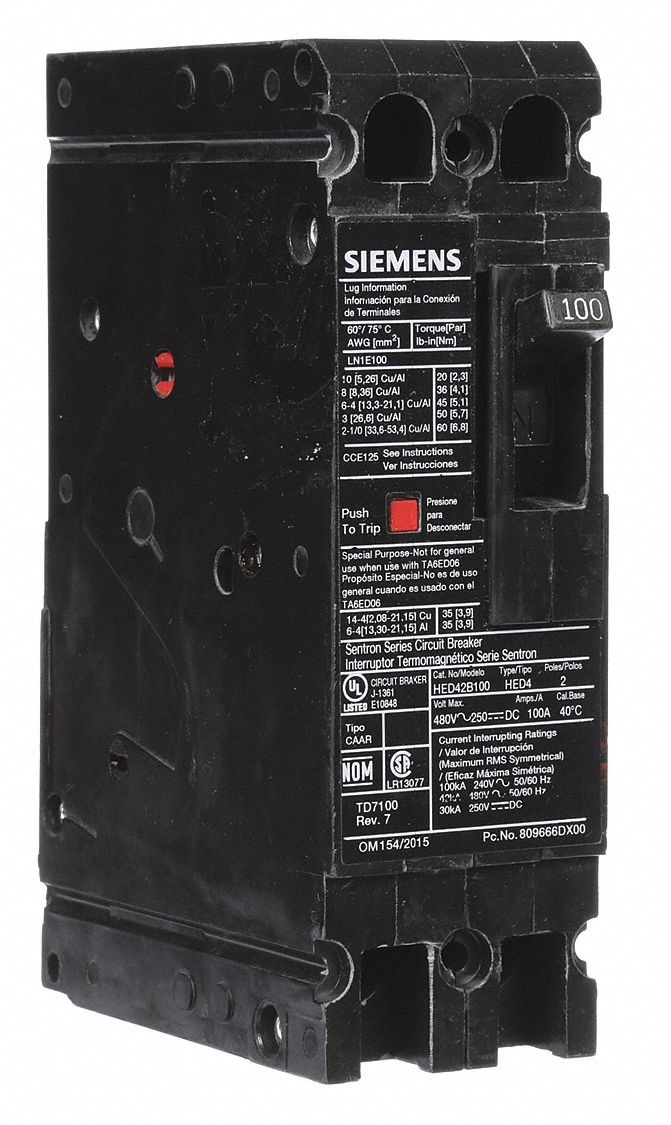 SIEMENS, 100 A Amps, 42kA at 480V AC, Molded Case Circuit Breaker - 3CMR1|HED42B100 - Grainger