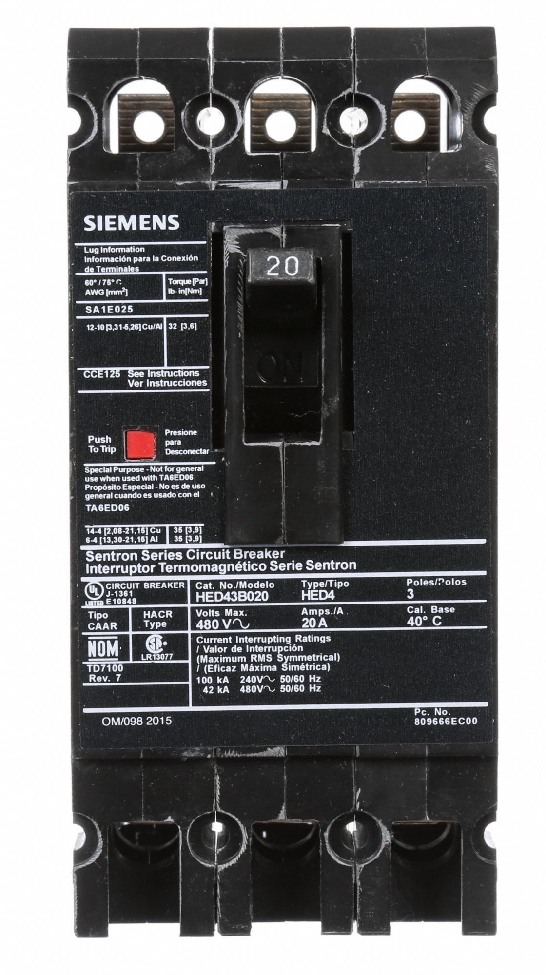 SIEMENS Molded Case Circuit Breaker: 20 A Amps, 42kA at 480V AC, Fixed, Load Side Lug, ABC ...