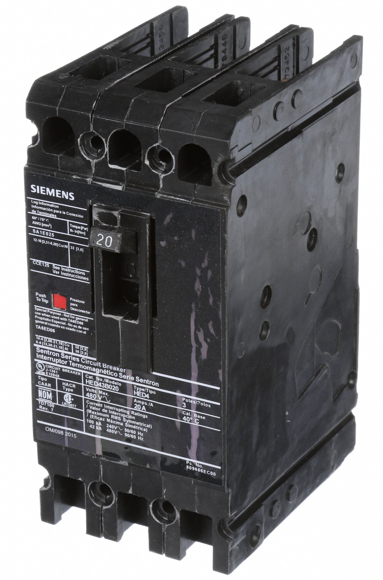 SIEMENS Molded Case Circuit Breaker: 20 A Amps, 42kA at 480V AC, Fixed, Load Side Lug, ABC ...