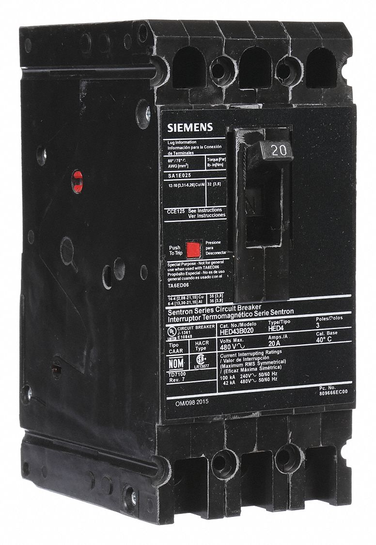 SIEMENS, 20 A Amps, 42kA at 480V AC, Molded Case Circuit Breaker - 3CMR3|HED43B020 - Grainger