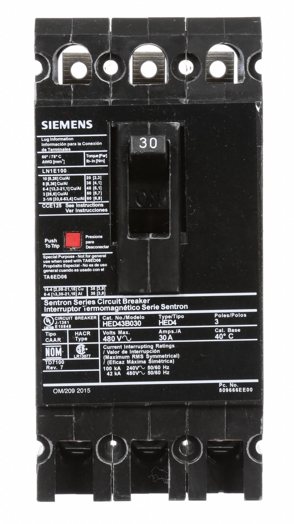 SIEMENS Molded Case Circuit Breaker: 30 A Amps, 42kA at 480V AC, Fixed, Load Side Lug, ABC ...