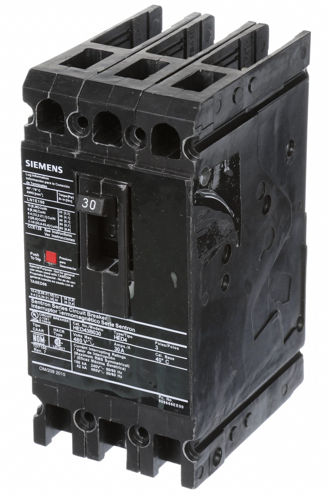 SIEMENS Molded Case Circuit Breaker: 30 A Amps, 42kA at 480V AC, Fixed, Load Side Lug, ABC ...