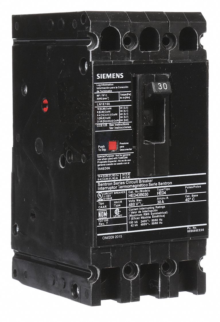 SIEMENS, 30 A Amps, 42kA at 480V AC, Molded Case Circuit Breaker - 3CMR4|HED43B030 - Grainger