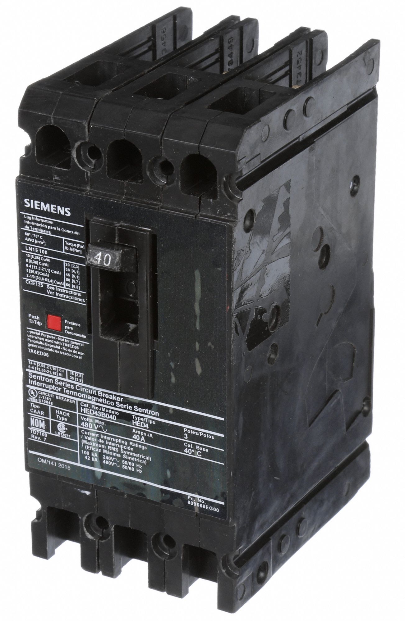SIEMENS Molded Case Circuit Breaker: 40 A Amps, 42kA at 480V AC, Fixed, Load Side Lug, ABC ...