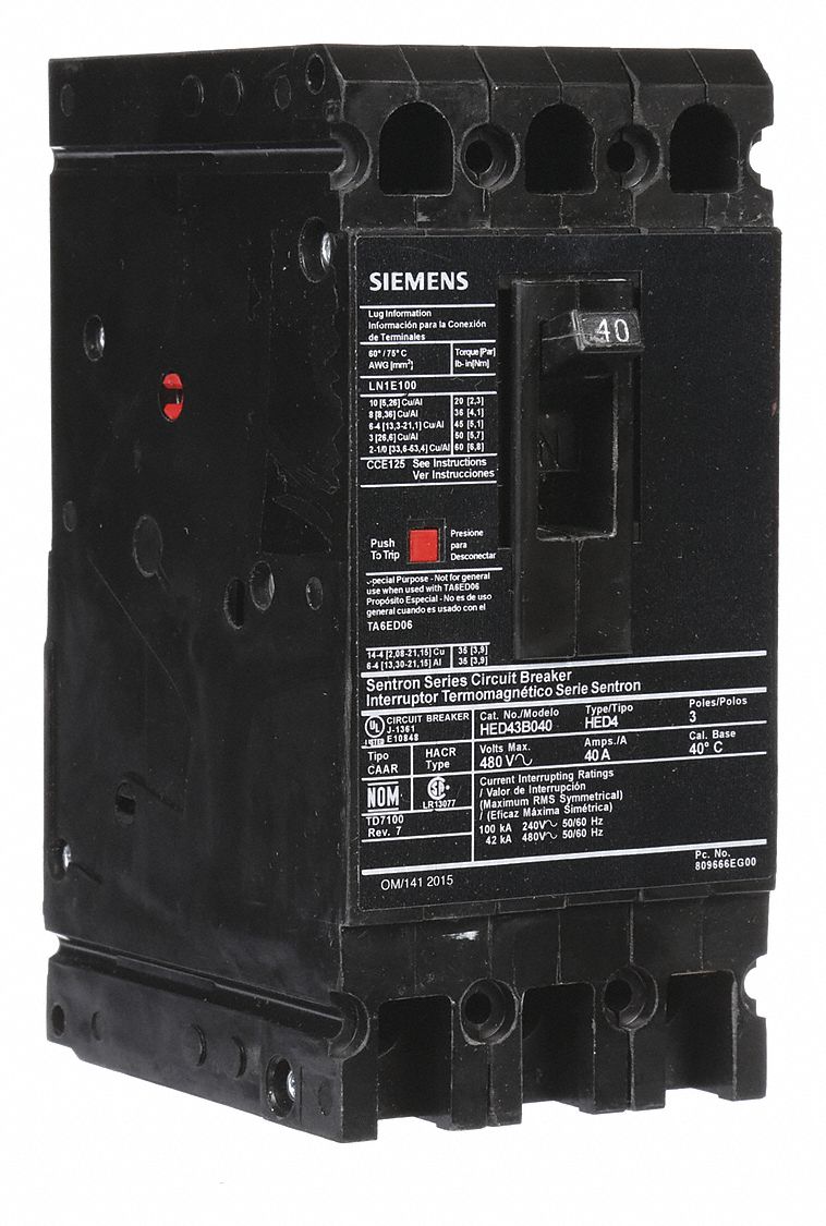 SIEMENS, 40 A Amps, 42kA at 480V AC, Molded Case Circuit Breaker - 3CMR5|HED43B040 - Grainger