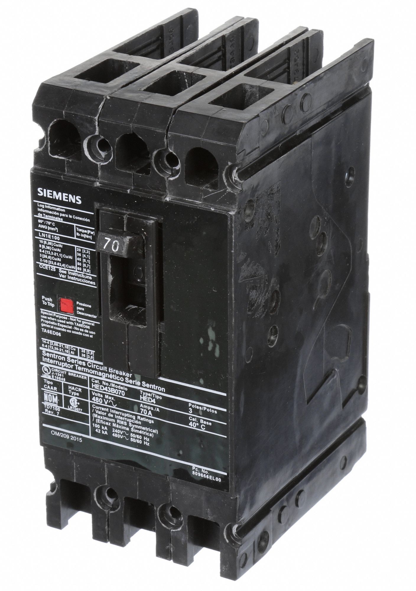 SIEMENS Molded Case Circuit Breaker: 70 A Amps, 42kA at 480V AC, Fixed, Load Side Lug, ABC ...