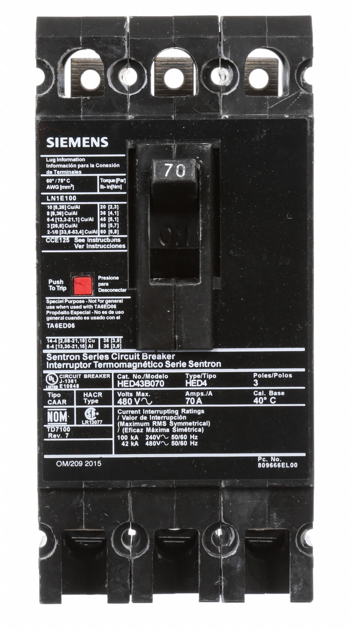 SIEMENS Molded Case Circuit Breaker: 70 A Amps, 42kA at 480V AC, Fixed, Load Side Lug, ABC ...