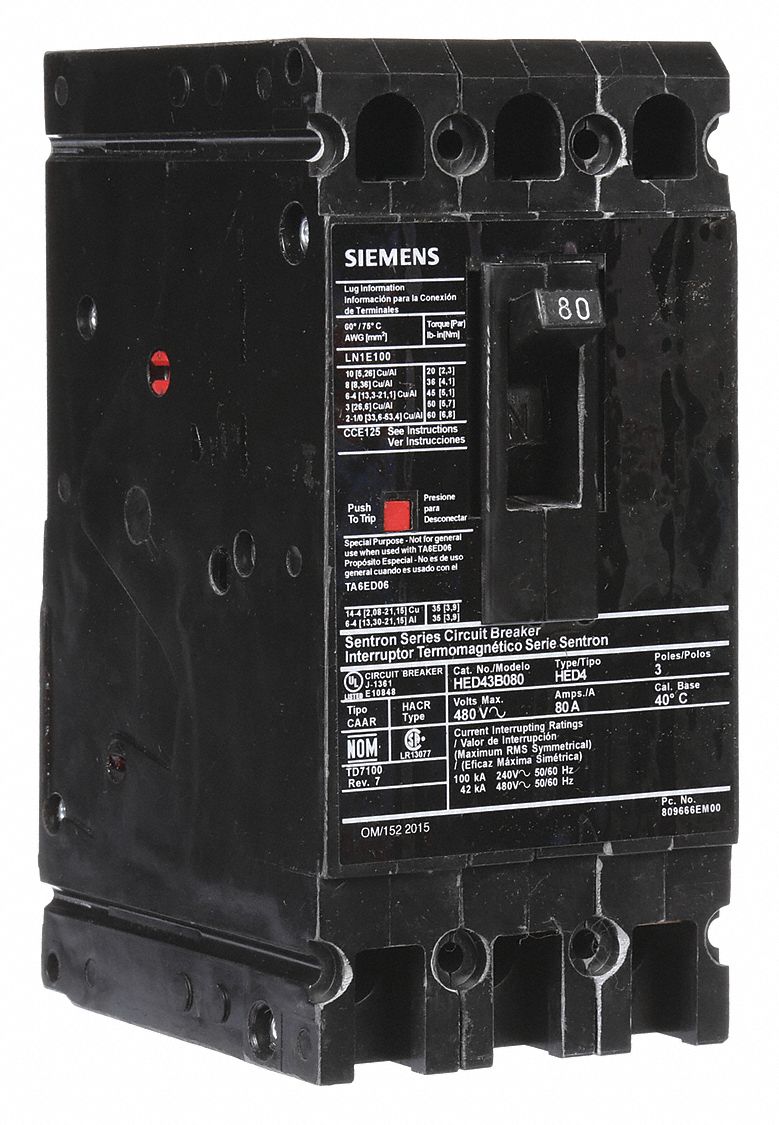 SIEMENS, 80 A Amps, 42kA at 480V AC, Molded Case Circuit Breaker - 3CMR9|HED43B080 - Grainger