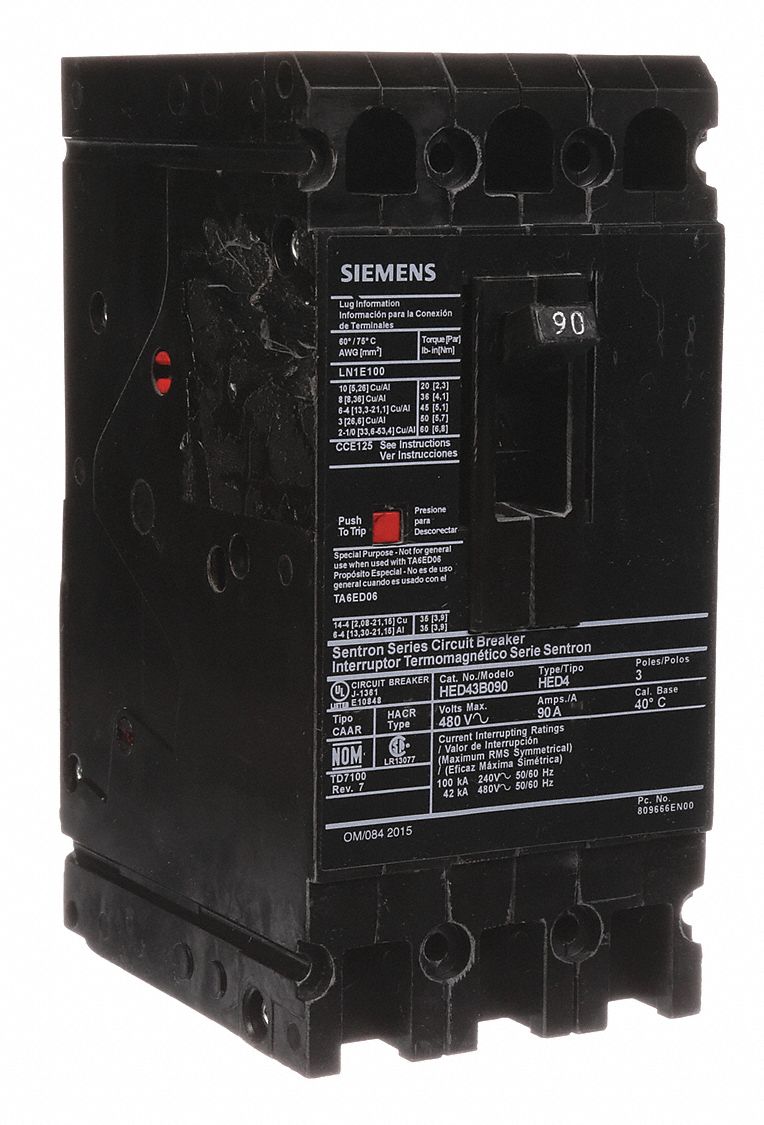 SIEMENS, 90 A Amps, 42kA at 480V AC, Molded Case Circuit Breaker - 3CMT1|HED43B090 - Grainger