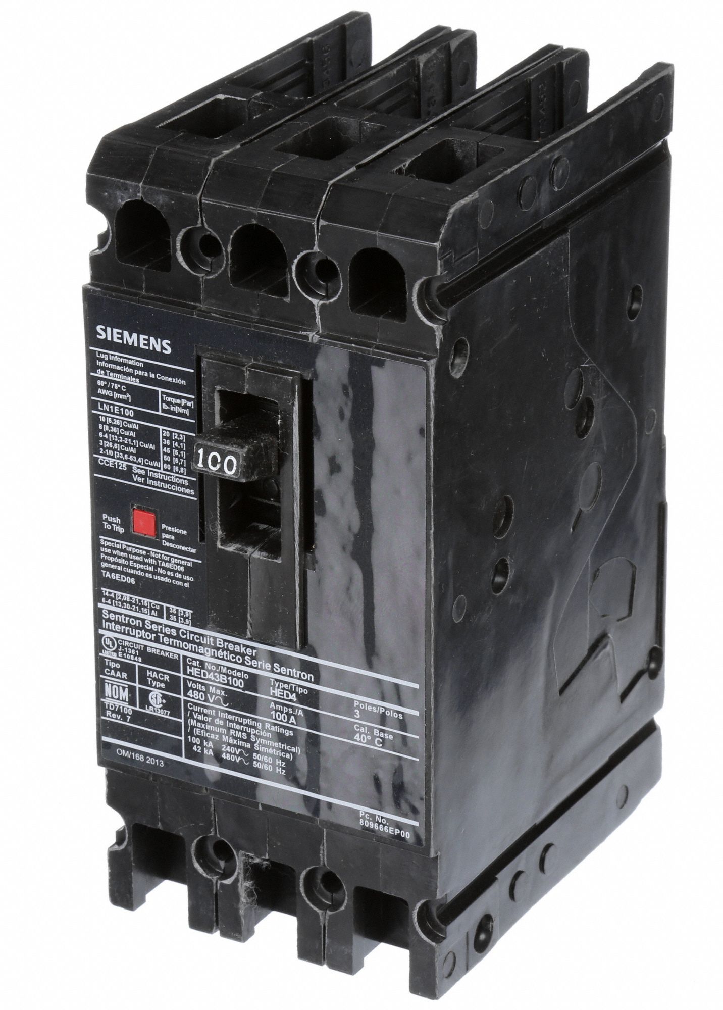 SIEMENS Molded Case Circuit Breaker: 100 A Amps, 42kA at 480V AC, Fixed, Load Side Lug, ABC ...
