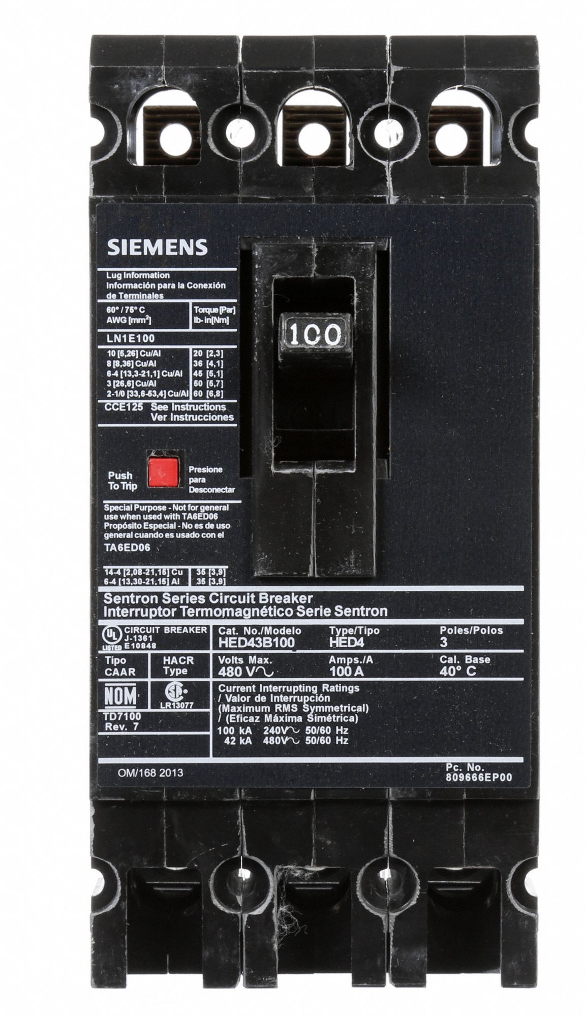 SIEMENS Molded Case Circuit Breaker: 100 A Amps, 42kA at 480V AC, Fixed, Load Side Lug, ABC ...