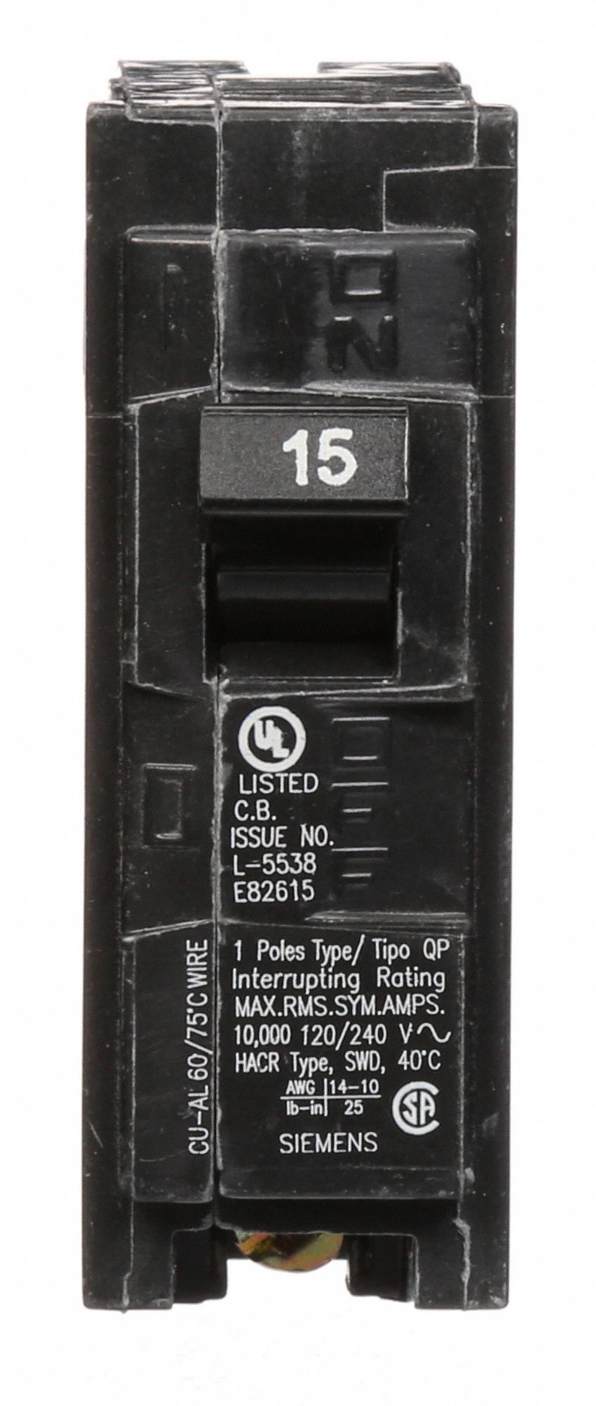 SIEMENS Miniature Circuit Breaker: 15 A Amps, 120V AC, Single Phase, 10kA at 120V AC, 1 Poles ...