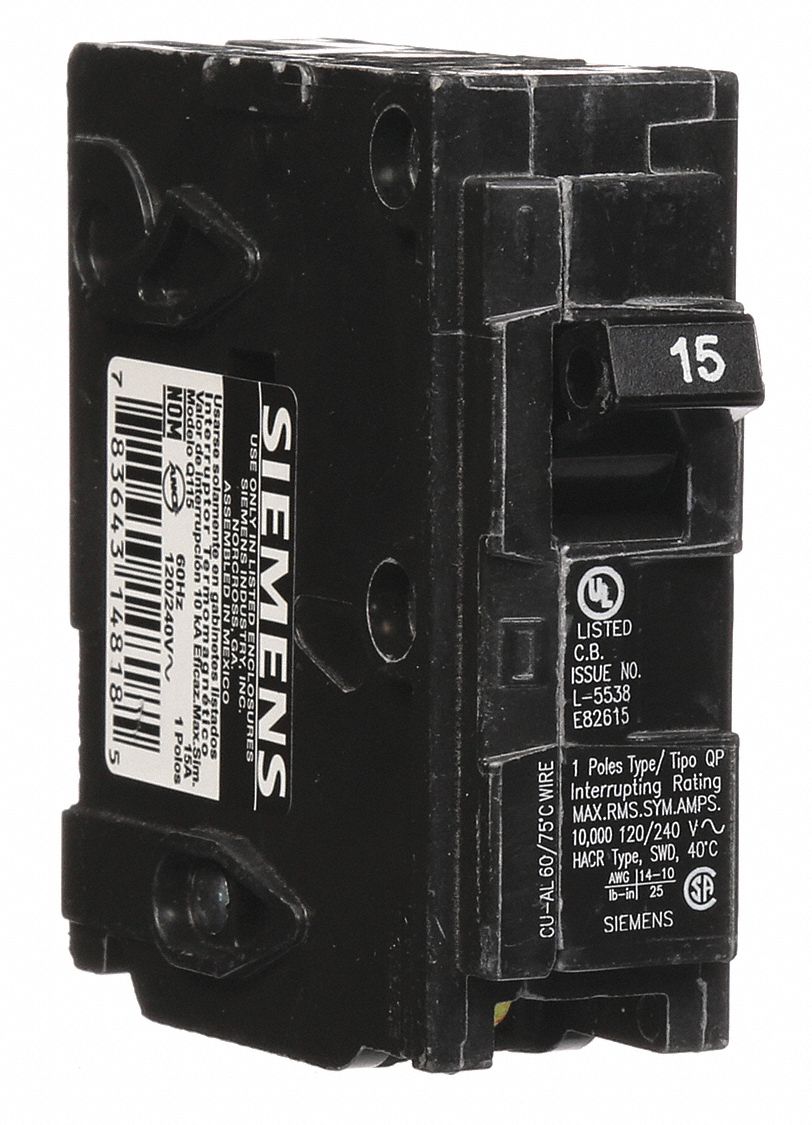SIEMENS Miniature Circuit Breaker: 15 A Amps, 120V AC, Single Phase, 10kA at 120V AC, 1 Poles ...