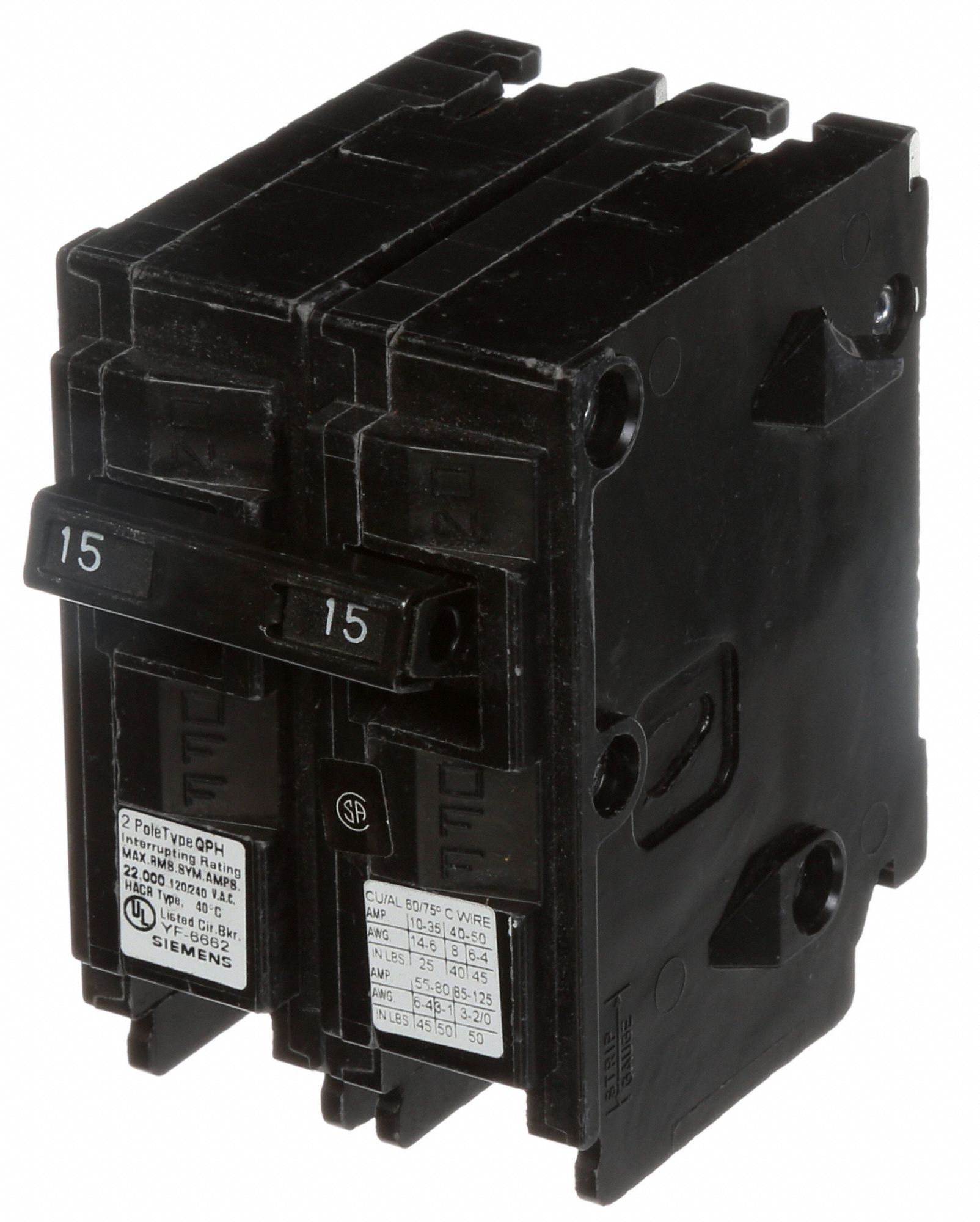 SIEMENS Miniature Circuit Breaker: 15 A Amps, 120/240V AC, Single Phase, 10kA at 120V AC, 2 ...