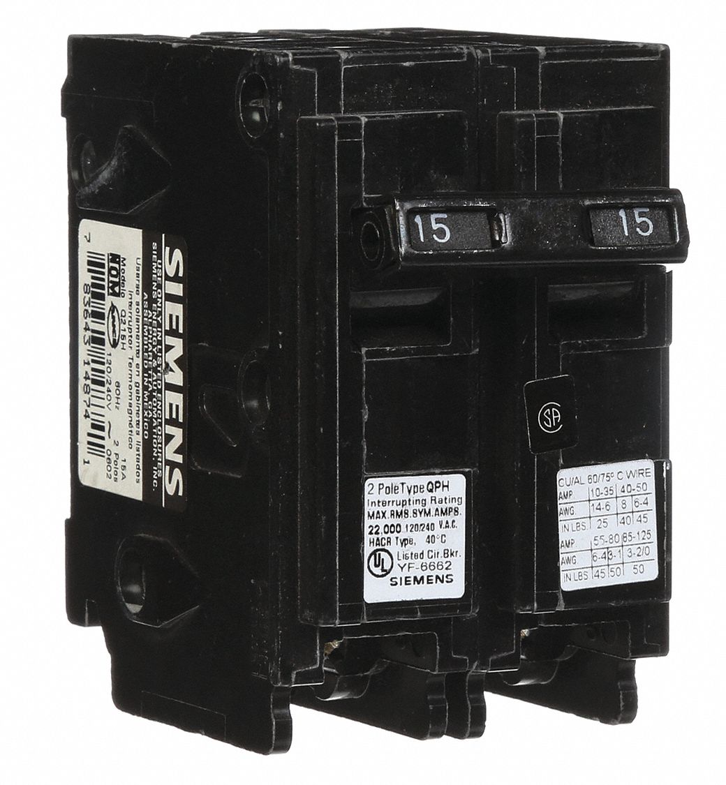 SIEMENS Miniature Circuit Breaker: 15 A Amps, 120/240V AC, Single Phase, 10kA at 120V AC, 2 ...