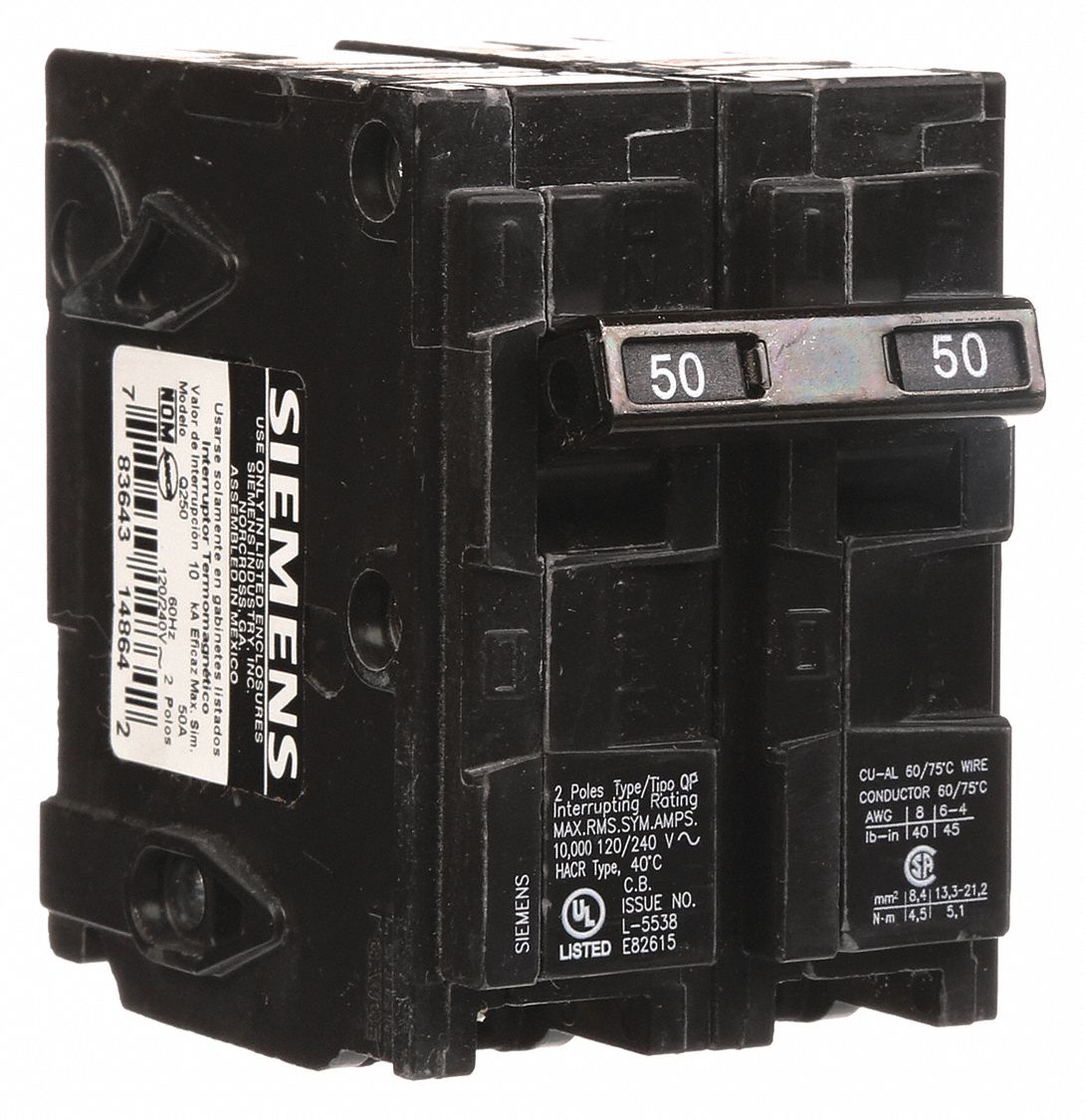 SIEMENS Miniature Circuit Breaker: 50 A Amps, 120/240V AC, Single Phase ...