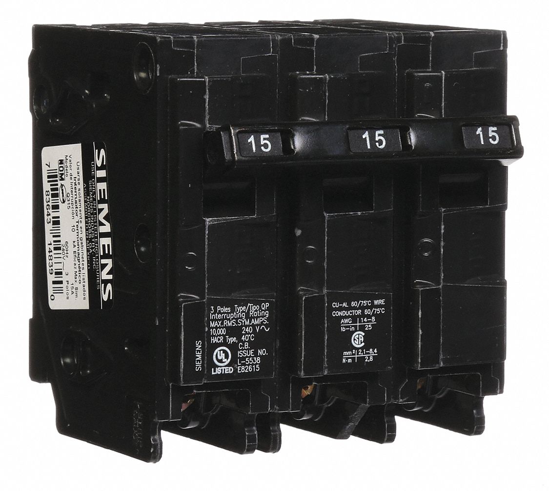 SIEMENS Miniature Circuit Breaker: 15 A Amps, 240V AC, Three Phase, 10kA at 120V AC - 3CNJ7|Q315 ...