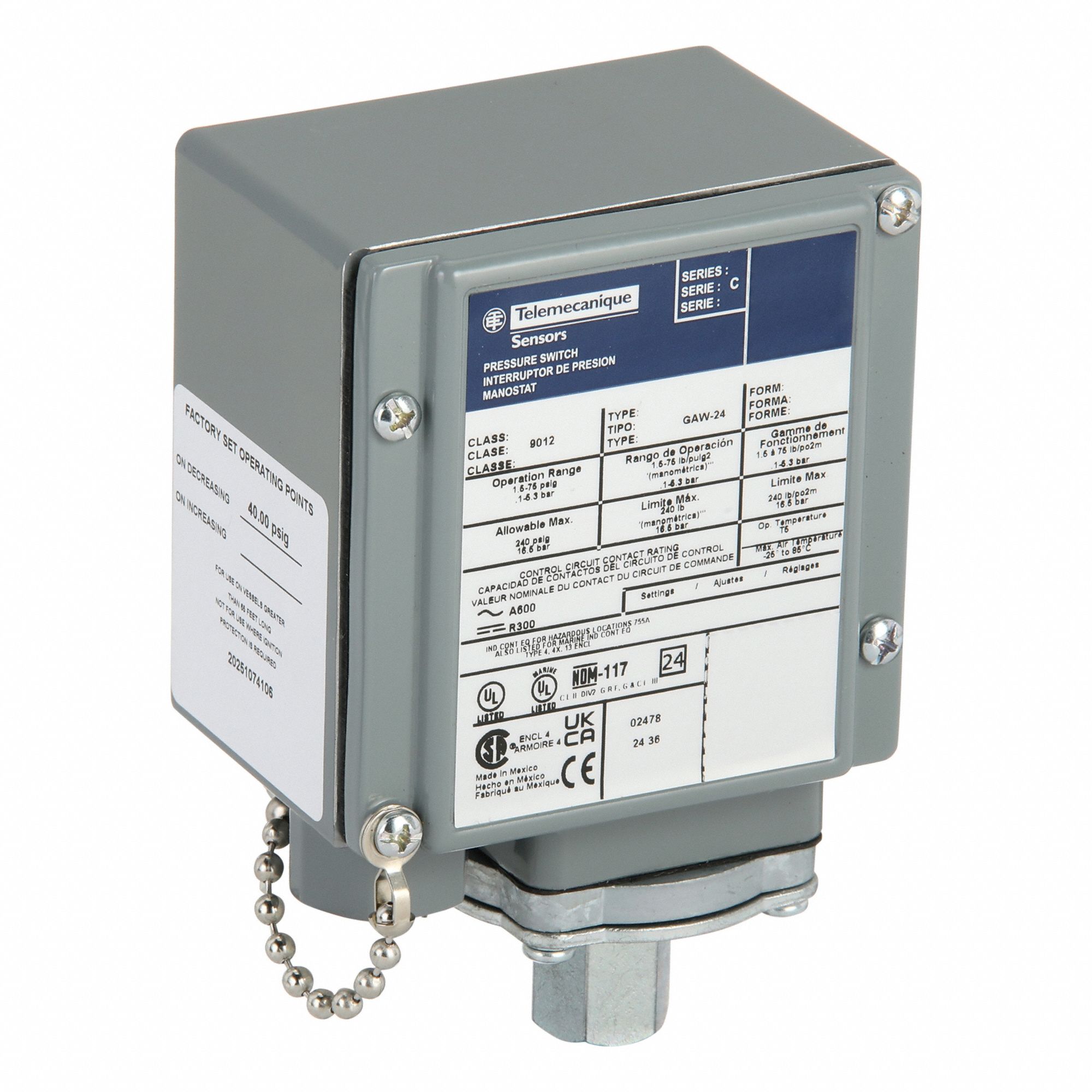 TELEMECANIQUE SENSORS, 1.5 psi – 75 psi, 9012G Series, Pressure Switch ...