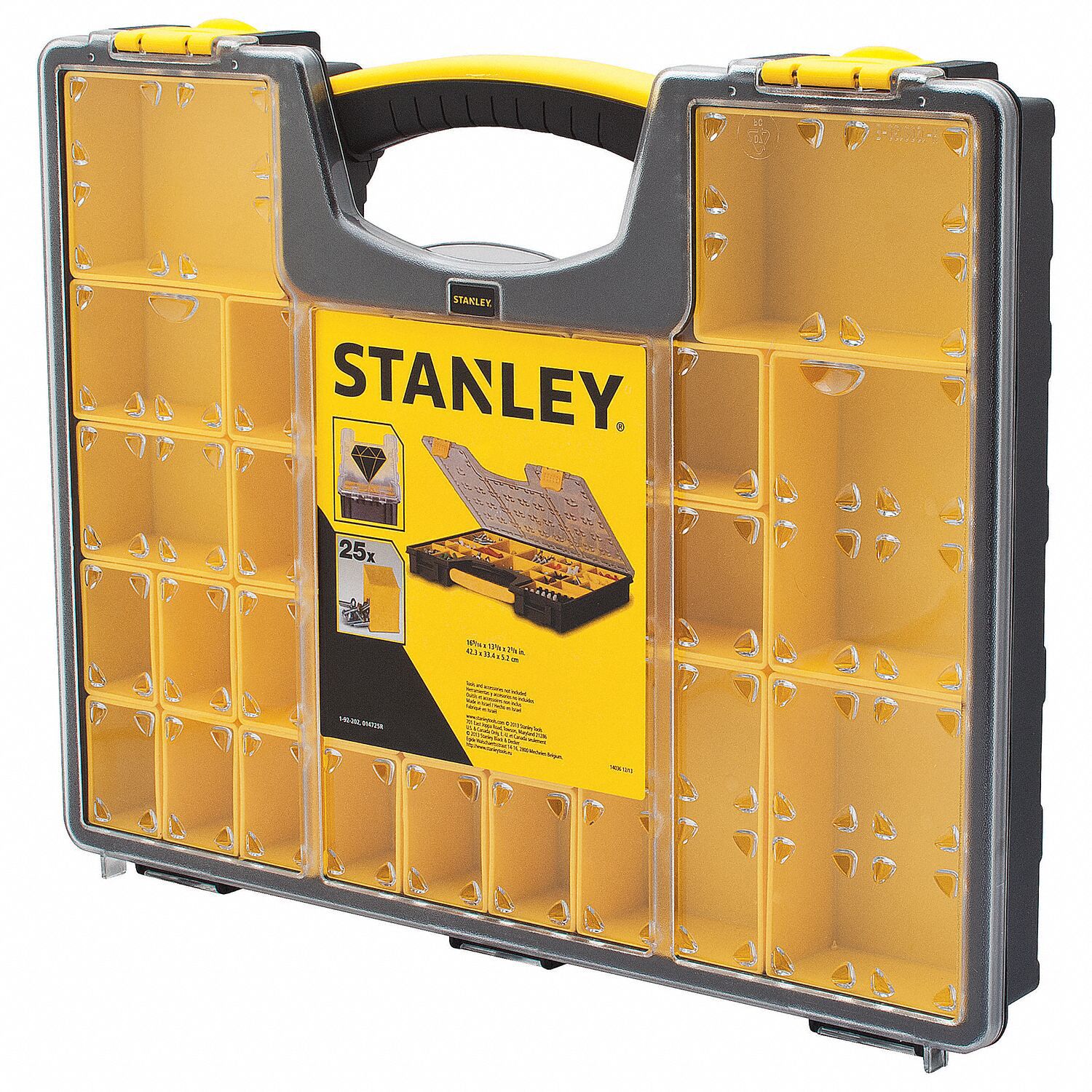 STANLEY Compartment Box: 16 1/2 in x 2 1/8 in, Clear/Black/Yellow, 25 ...