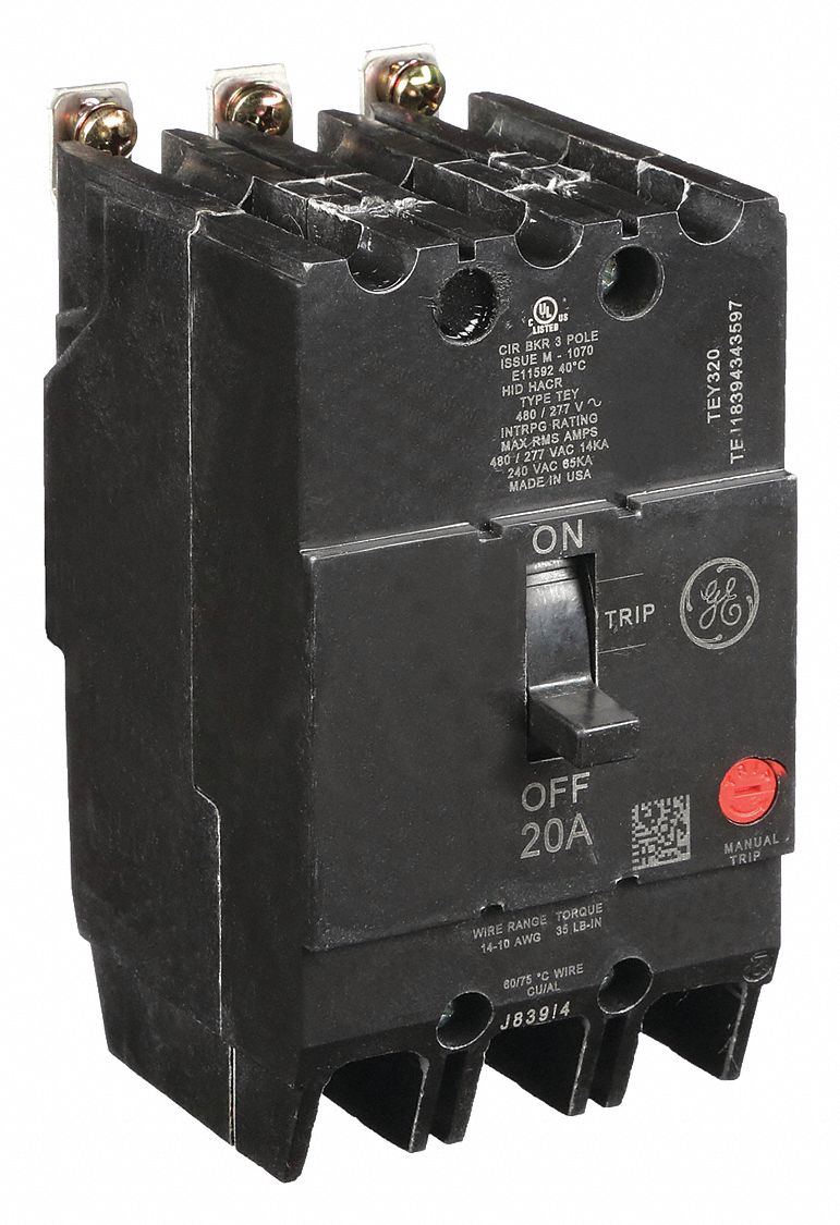 GE, 20 A Amps, 14kA at 277/480V AC, Molded Case Circuit Breaker - 3HXE9|TEY320 - Grainger