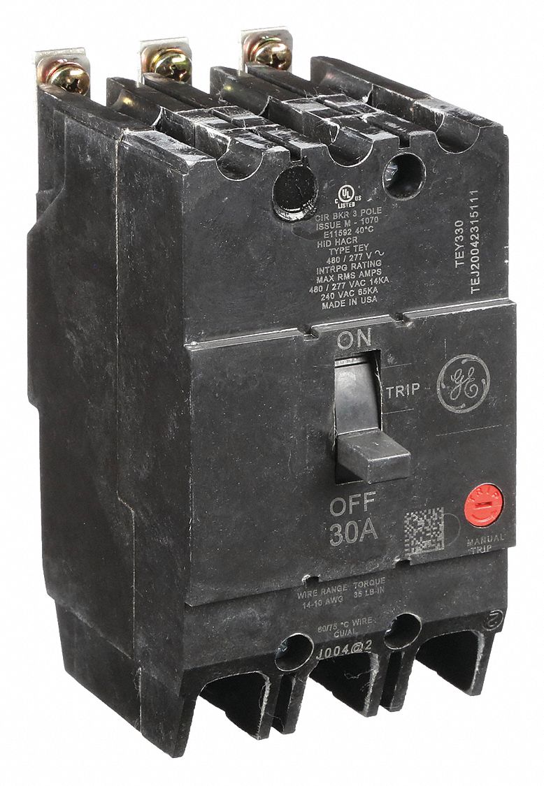 GE, 30 A Amps, 14kA at 277/480V AC, Molded Case Circuit Breaker - 3HXF2|TEY330 - Grainger