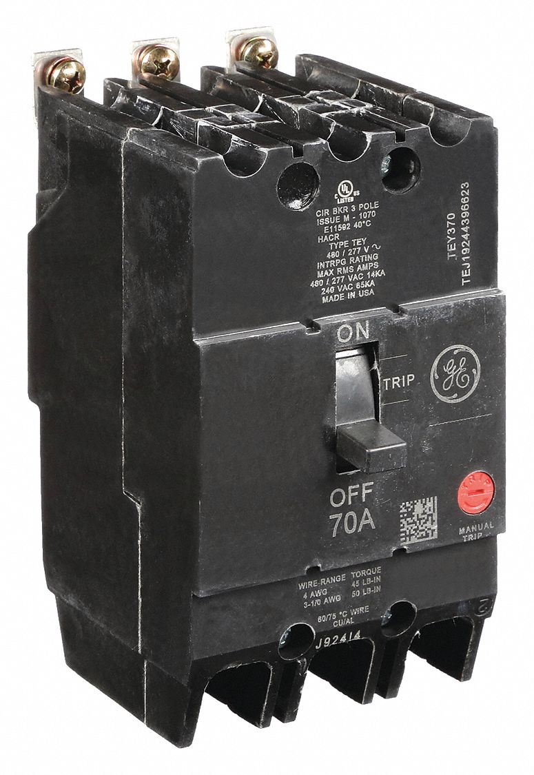 GE, 70 A Amps, 14kA at 277/480V AC, Molded Case Circuit Breaker - 3HXF8|TEY370 - Grainger