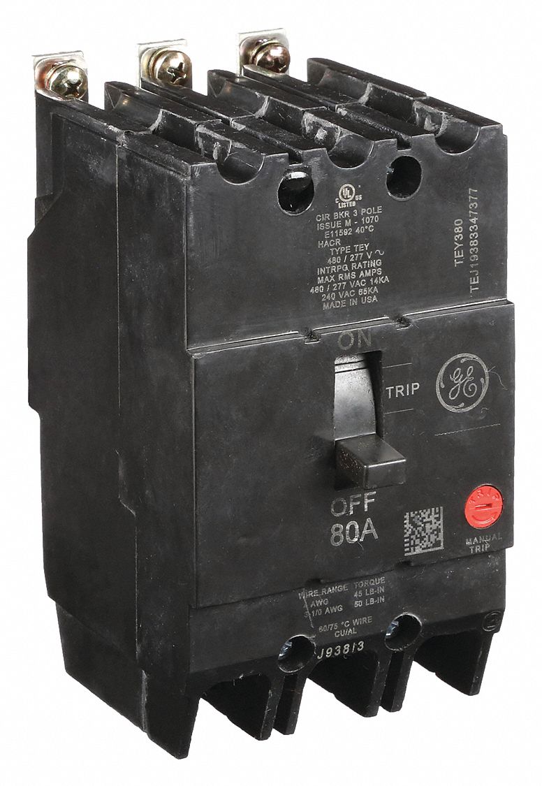 GE, 80 A Amps, 14kA at 277/480V AC, Molded Case Circuit Breaker - 3HXF9|TEY380 - Grainger