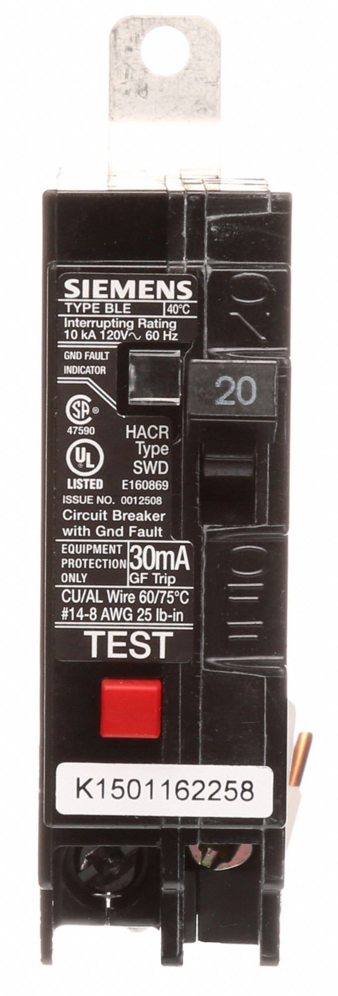SIEMENS Miniature Circuit Breaker: 20 A Amps, 120V AC, Single Phase, 10kA at 120V AC, 1 Poles ...