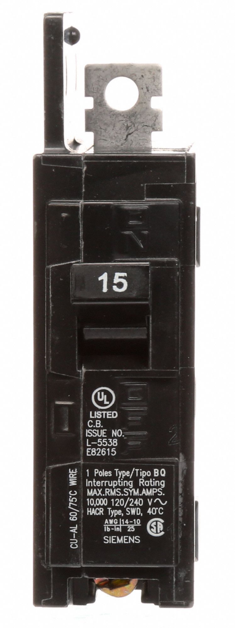 SIEMENS Miniature Circuit Breaker: 15 A Amps, 120V AC, Single Phase, 10kA at 120V AC, 1 Poles ...